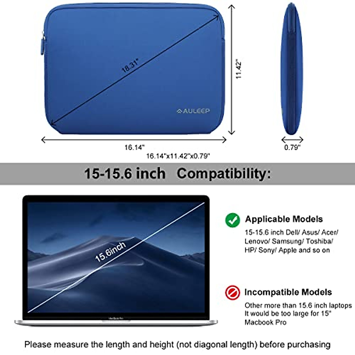 AULEEP 15-15.6 Inch Laptop Sleeves, Neoprene Notebook Computer Pocket Tablet Carrying Sleeve/Water-Resistant Compatible Laptop Sleeve for Acer/Asus/Dell/Lenovo/HP, Dark Blue