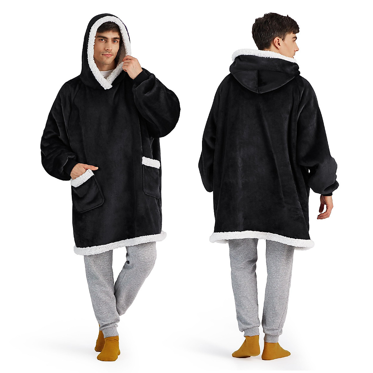 Bedsure Blanket Hoodie, Wearable Blanket for Adult & Kids as Gifts for Women Men, Birthday Gifts for Women Mom Sherpa Hoodie, Black, Oversize