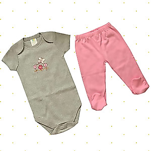 Spasilk Newborn Baby Layette Set, Short Sleeve Bodysuits and Pull-On Footed Pants, 4 Piece, 0-3 Months - Pink & Grey Layette Set