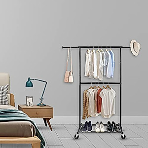 Fishat Simple Standard Double Rod Rolling Clothing Garment Rack for Hanging Clothes, Metal Clothes Organizer with Lockable Wheels (Black)