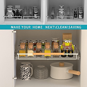 2 Pack Expandable Pull Out Cabinet Drawer Organizer, 16.3~26.3"W x 17"D Heavy Duty Cabinet Organizers and Storage,Expandable Width Cabinet Pull Out Shelves for Kitchen Cabinets, Chrome Finish (2 Pack)