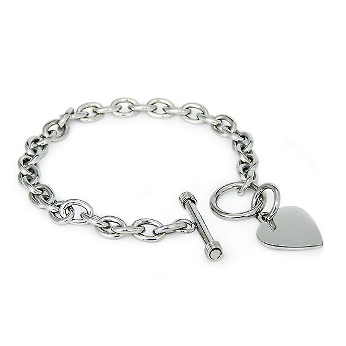 Stainless Steel Trendy Cable Chain Bracelet with Heart Charm and Toggle Clasp Closure, High Polished Finished, 7.5"
