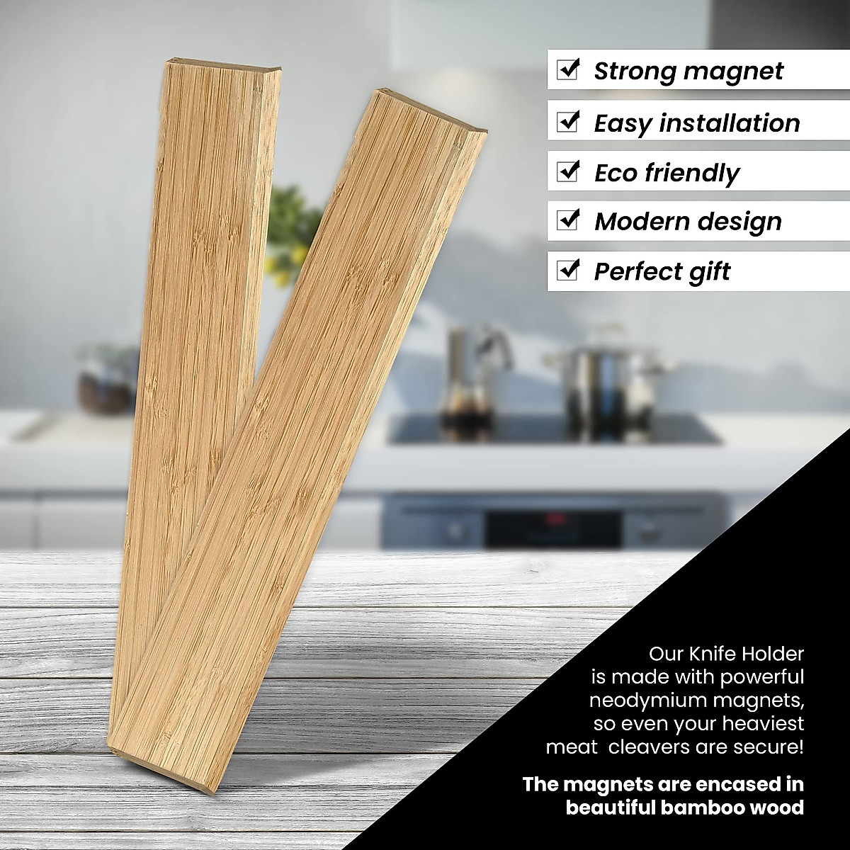 B-Line shop Magnetic Knife Holder for Wall- Strong Magnet for Knives- 16 Inch Wooden Knife Strip- Elegant Bamboo Wood Kitchen Knife Magnetic Holder- Easy to Install, Heavy Duty Magnet for 6 Knives