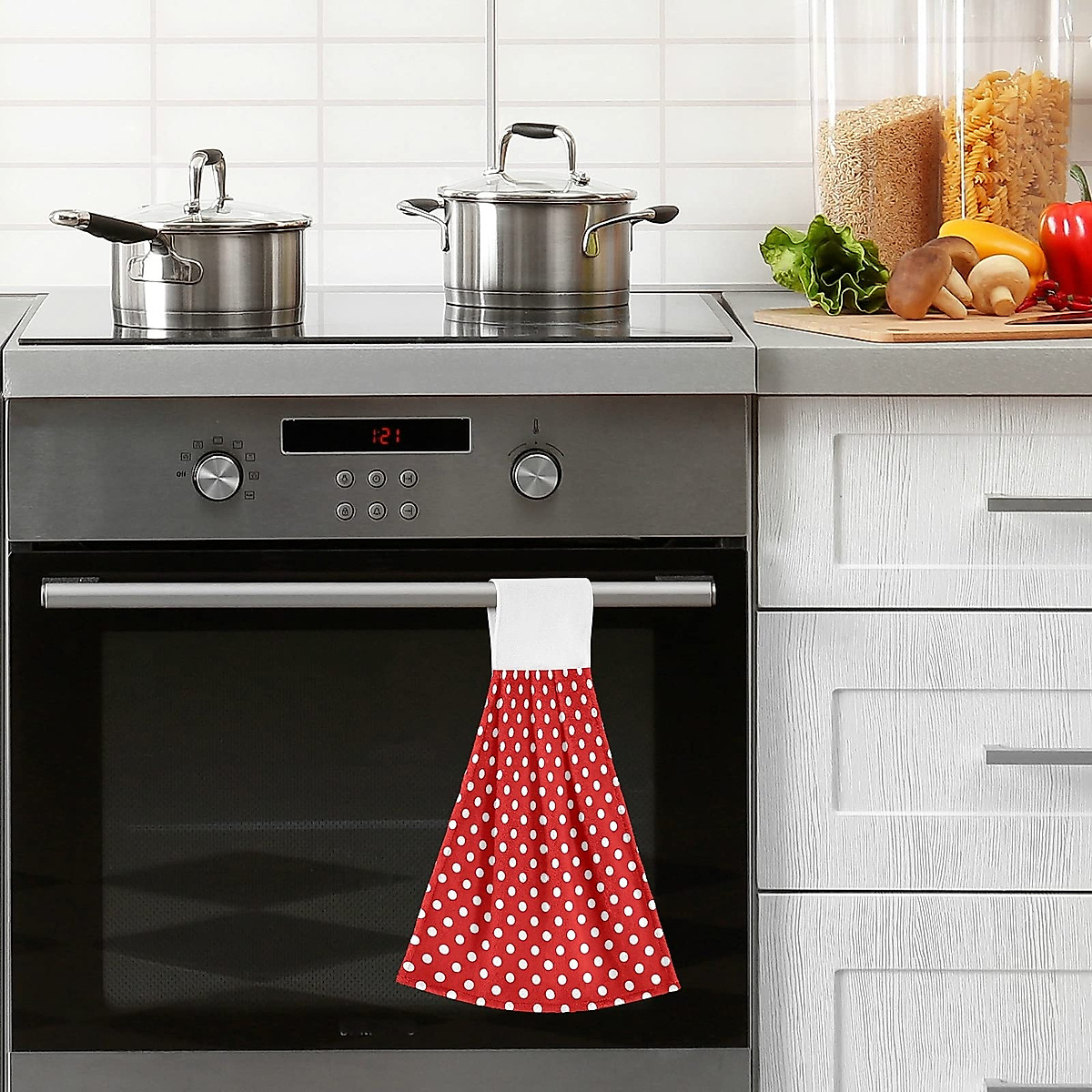 Red White Polka Dot Kitchen Hanging Towel 12 x 17 Inch Bath Hand Tie Towels Set 2 Pcs Tea Bar Dish Cloths Dry Towel Soft Absorbent Durable for Bathroom Laundry Room Decor