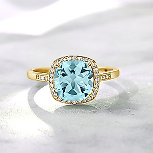 Gem Stone King 10K Yellow Gold Sky Blue Topaz and Diamond Engagement Ring For Women (2.74 Cttw, Gemstone Birthstone, Cushion Cut 8MM, Available in size 5, 6, 7, 8, 9)