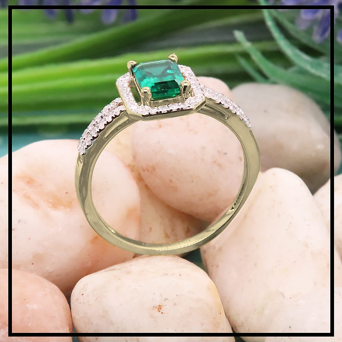 Dazzlingrock Collection 14K 7X5 MM Emerald Shape Created Emerald & Round Diamond Women Ring, Yellow Gold, Size 10