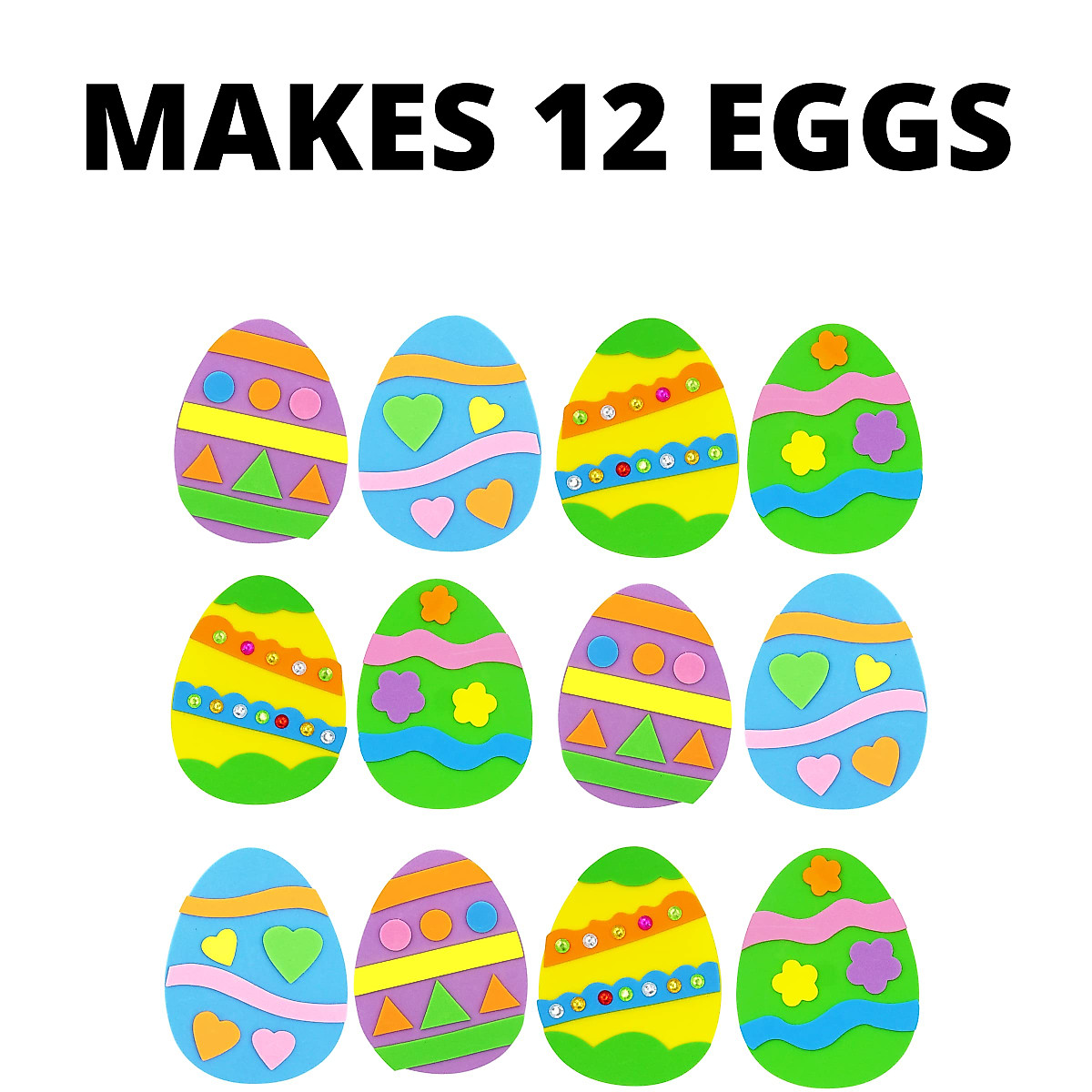 132 Pcs Foam Easter Crafts for Kids Bulk (Individually Wrapped) for Spring Home Activity, Makes 12 Eggs by 4E's Novelty