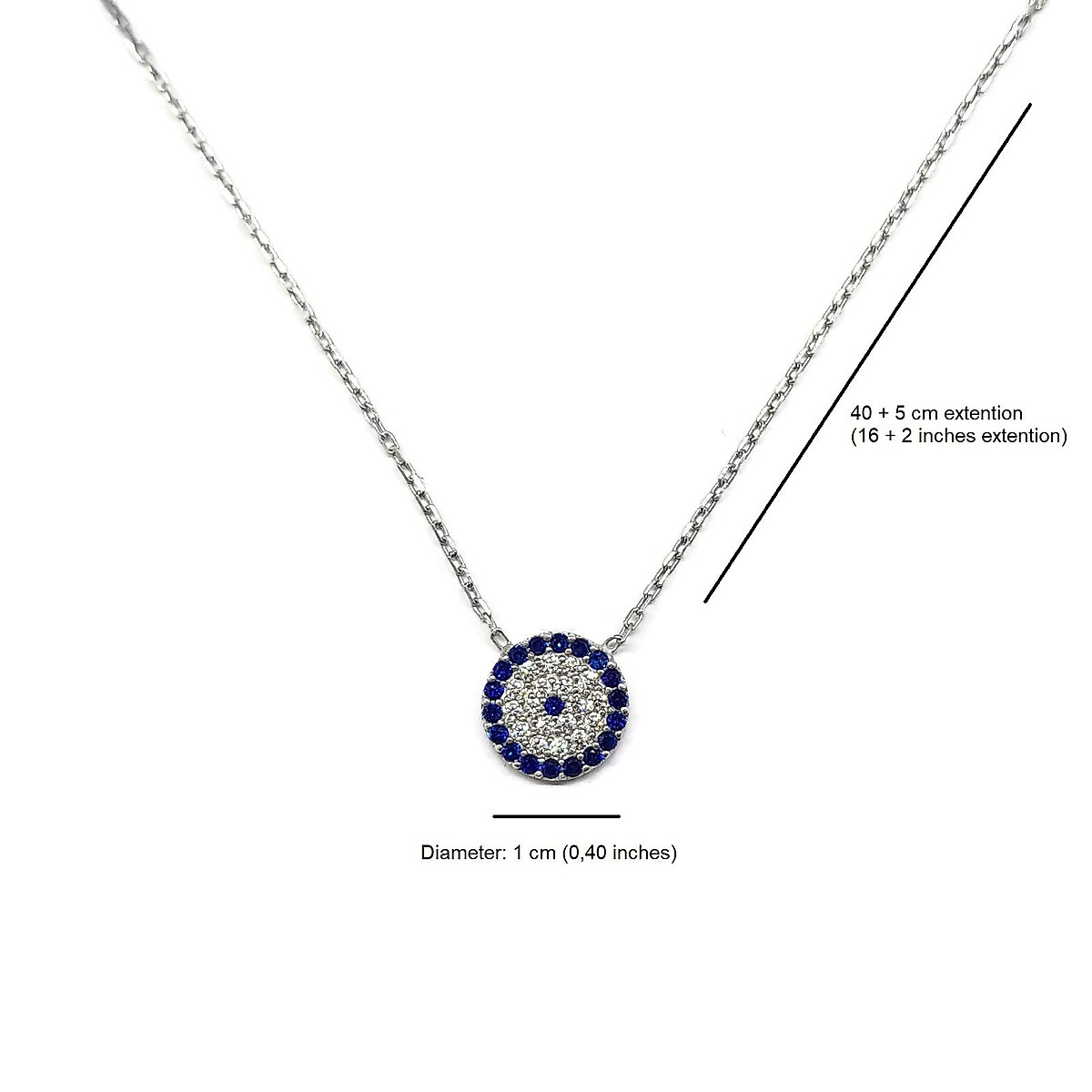 MYSTIC JEWELS - 925 Sterling Silver Necklace with Turkish Eye Necklace - Round with Cubic Zirconia (Silver)