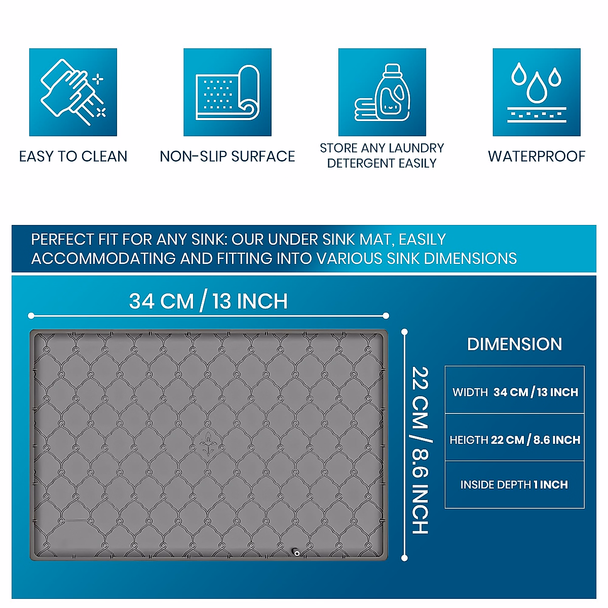 NECoRA Under Sink Mat,[34" x 22" x 1"] Under Sink Mats for Kitchen Waterproof, Silicone Sink Cabinet Protector Mats for Kitchen & Bathroom, Under Sink Liner Leaks Spills Tray with Drain Hole,Grey