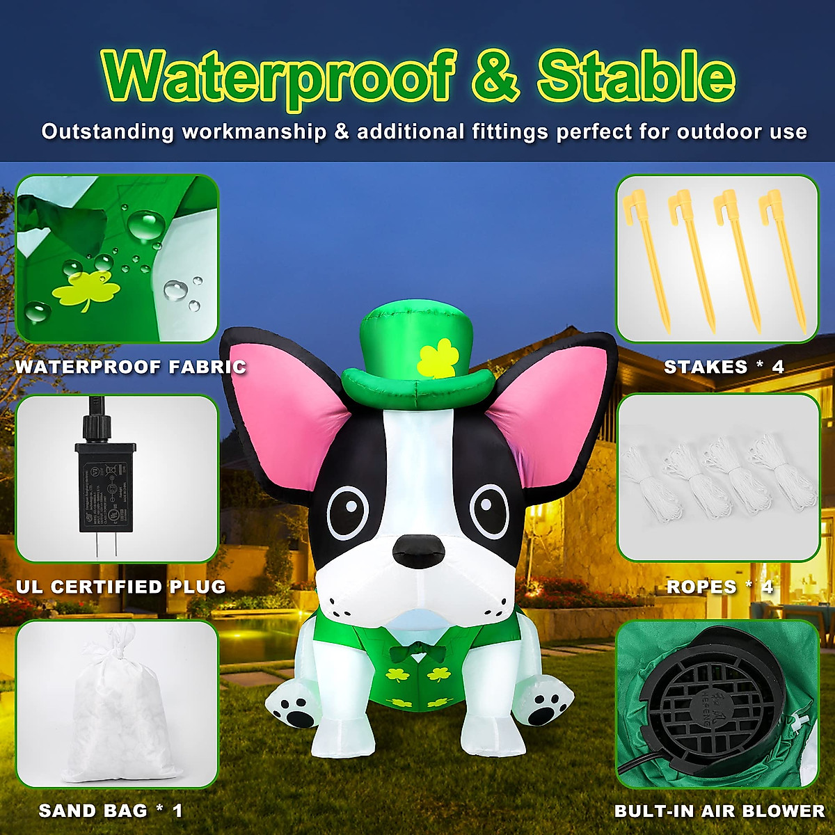 zukakii 5Ft St. Patrick's Day Inflatable Outdoor Decoration Blow Up French Bulldog Wearing Lucky Shamrocks Hat with LED Lights St Patricks Day Decorations Yard Garden Lawn Home Party Indoor