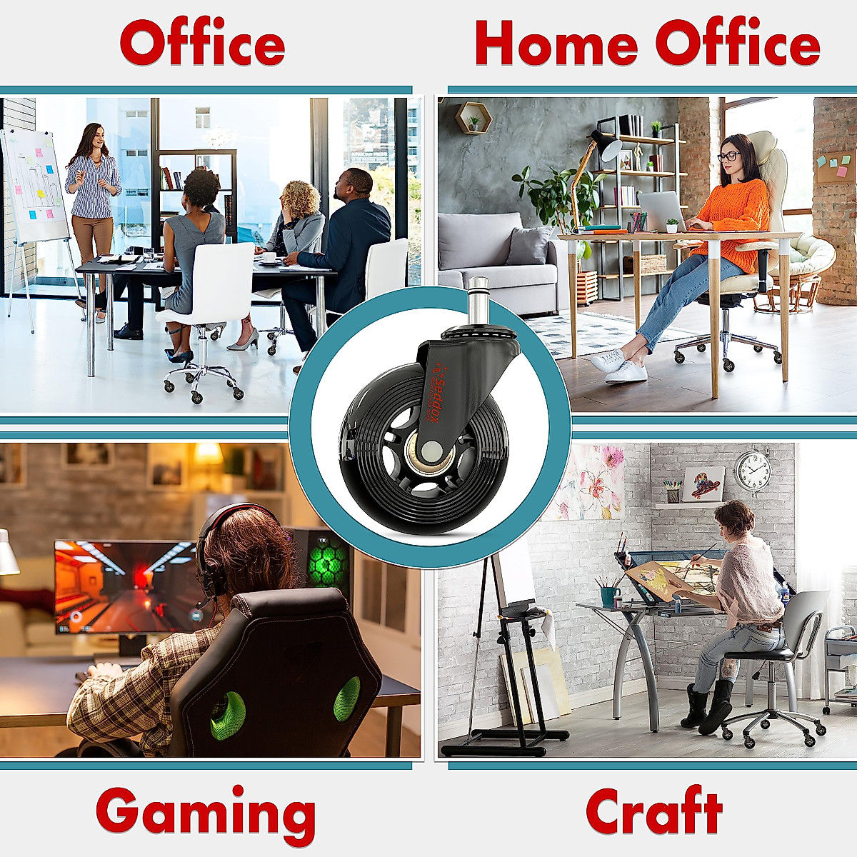 Professional Office Chair Wheels Gift Set of 5 Black - Protect All Your Floors - 3'' Heavy Duty Replacement Rubber Desk Chair Casters - Best Protection for Your Hardwood Floors