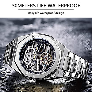 FORSINING Automatic Watch Mechanical Wrist Watch for Men Octagonal Waterproof Skeleton Watches Luxury Diamond Tourbillon Silver Stainless Steel Band