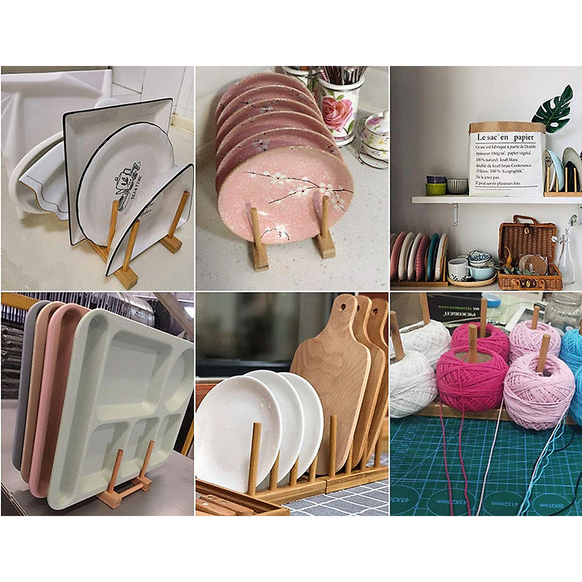 Lawei 4 Pack Bamboo Wooden Dish Rack - Plate Rack Stand Pot Lid Holder, Kitchen Cabinet Organizer for Bowl, Cup, Cutting Board and More