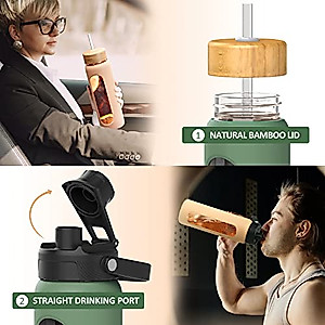 Kodrine Glass Water Bottles with Straw, 24oz Water Bottle with 2 Lids - Handle Spout Lid & Bamboo Straw Lid, Motivational Water Bottle with Silicone Sleeve, Wide Mouth, Leakproof, BPA Free(Olive)