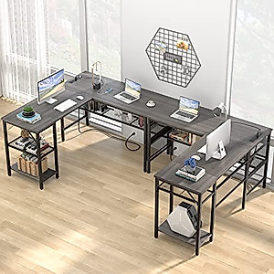 Unikito L Shaped Desk, Reversible Corner Computer Desks with Power Outlet and USB Charging Port, L- Shaped Office Desk with Storage Shelf and Under Bookshelf, Modern 2 Person Long Table, Enoch Walnut