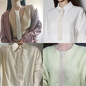 mollensiuer 1 Piece White Artificial Pearls Neck Tie Handmade Weaving Ladies Shirt Necklace Neck Tie Beaded Tie Necklace for Women