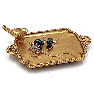 Funly mee Antique Trinket Dish Vintage Golden Metal Jewelry Tray with Bird, Ring Holder