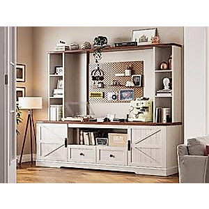 EnHomee Wood TV Stand,Wall Unit Entertainment Center with Ample Storage Space and Adjustable Shelves, TV Stands for Living Room Up to 65'', TV Console with 2 LED Lights & Power Outlets, White
