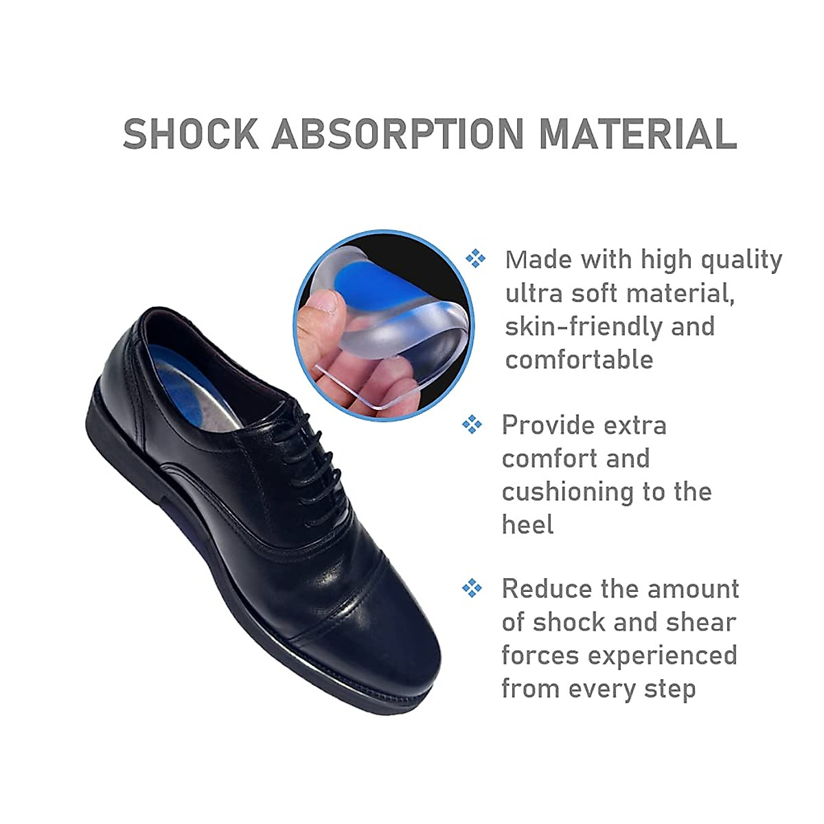 VivoFoot Gel Heel Cups, Shoe Inserts for Plantar Fasciitis, Heel Spur & Achilles Pain Relief, Heel Lift Inserts for Men & Women (Large: Men 7-11) Blue