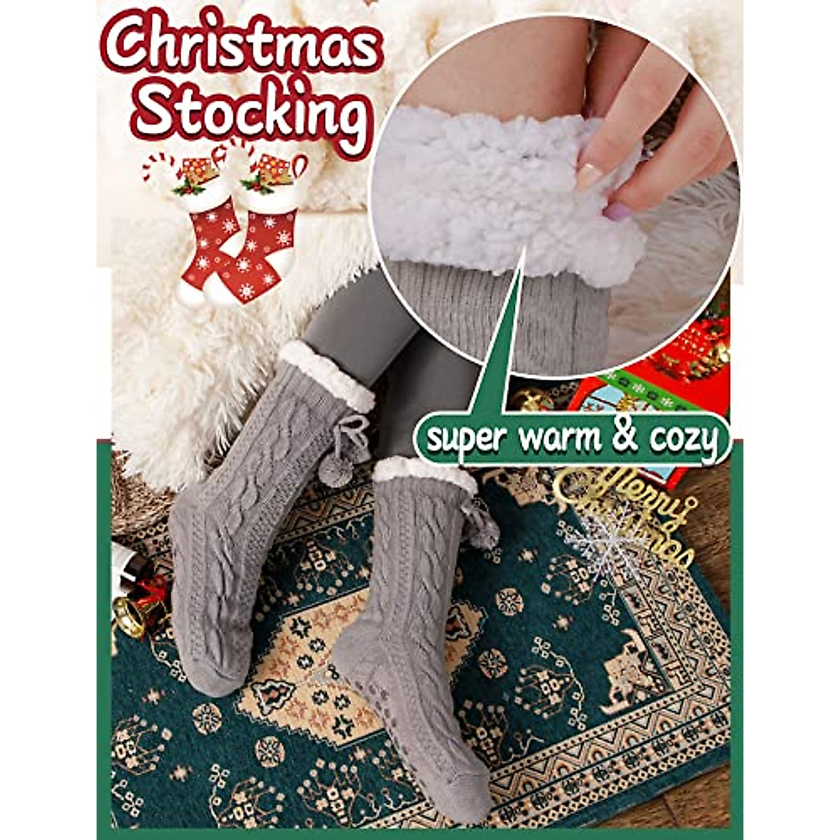Fuzzy Socks for Women Slipper Fluffy Cozy Cabin Winter Warm Soft Fleece Comfy Thick Christmas Socks Grips Non Slip Stocking Stuffers for Women White Elephant Valentines Mothers Day Gifts for Mom Grey