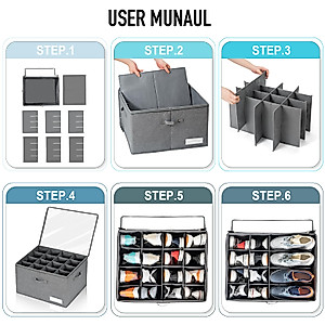popoly Shoe Organizer for Closet Fits 16 Pairs, Large Shoes Storage Box Bins Containers with Clear Cover and Adjustable Dividers for Sneakers High Heeled, Hard Shell and Stackable (Grey)