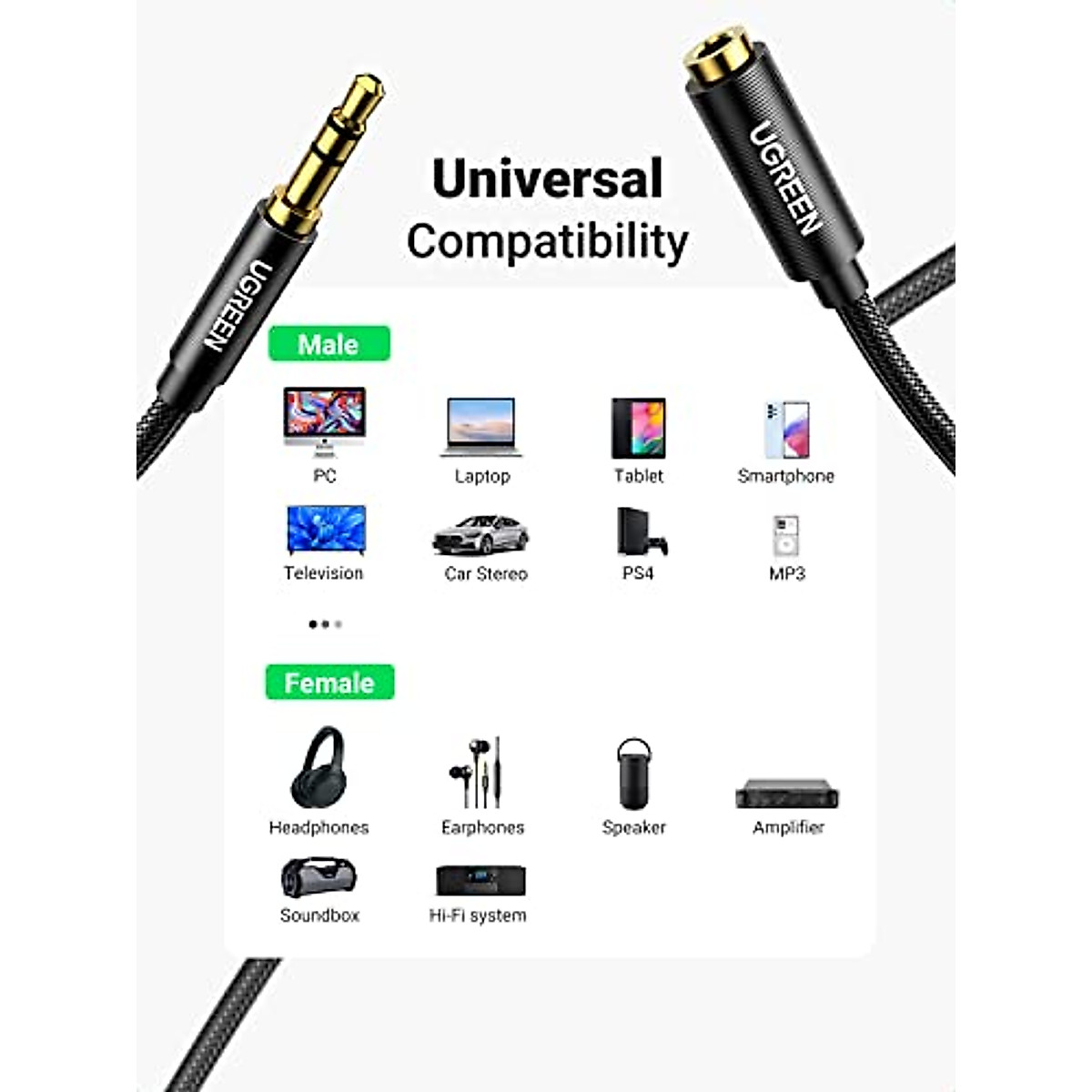 UGREEN Headphone Extension Cable Nylon Braided Male to Female 3.5mm Extension Cable Lossless Multi Shielded Aux Jack Extender Gold Plated Cord Compatible with iPhone iPad Tablets Media Players, 3FT