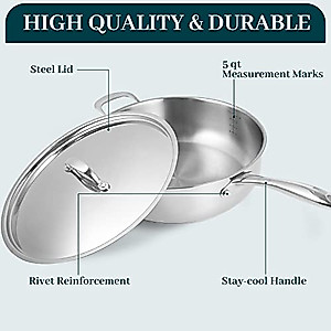 DELUXE 12 Inch Stainless Steel Skillet Frying Pan, Large Pan with Lid and Stay-Cool Handle, 5qt Deep Sauté Pans for Deep-Fry Braise Stew, Multipurpose Cooking Pot for Induction Gas Stove
