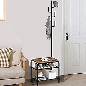 LINZINAR Coat Rack Shoe Bench 3 in 1 Design Hall Tree Storage Bench Industrial Style Coat Tree for Bedroom Living Room Entryway, Black