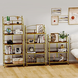 FRAPOW Folding Bookshelf No Assembly, 5 Tier Shelf Gold Collapsible Bookcase, Arched Metal Display Tall Book Shelf with Storage Shelves for Bedroom, Living Room, Home Office, Dorm