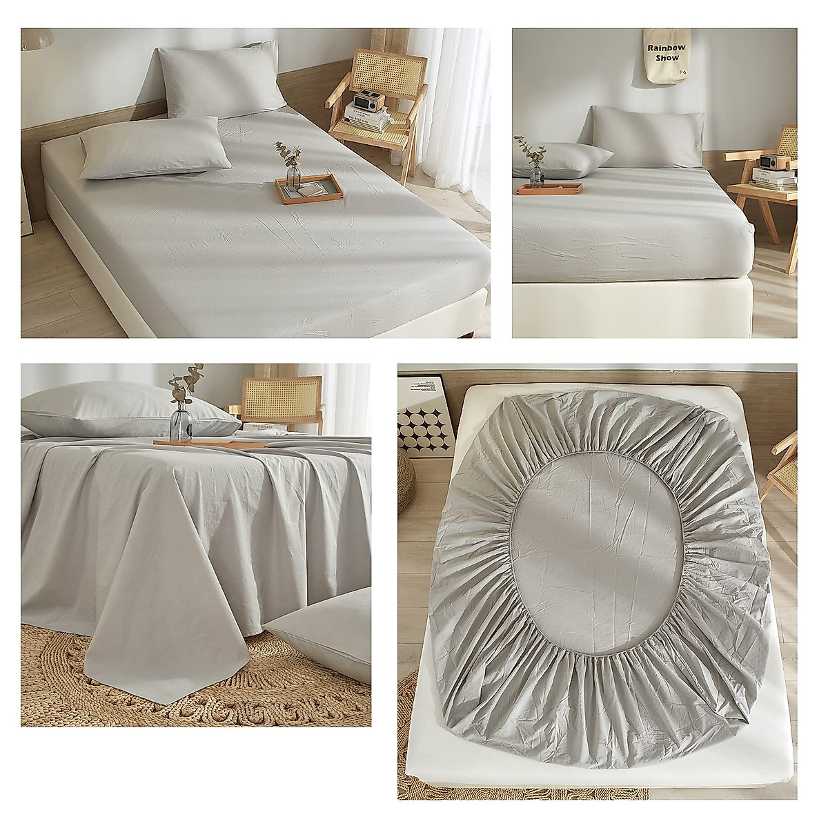 Full Size Sheets Set Grey Bed Sheets Deep Pocket 4 Piece Bedding Sheets & Pillowcases Set, Hotel Luxury Silver Grey Sheets 100% Washed Cotton Breathable Cooling Sheets, Fade, Stain, Shrink Resistant