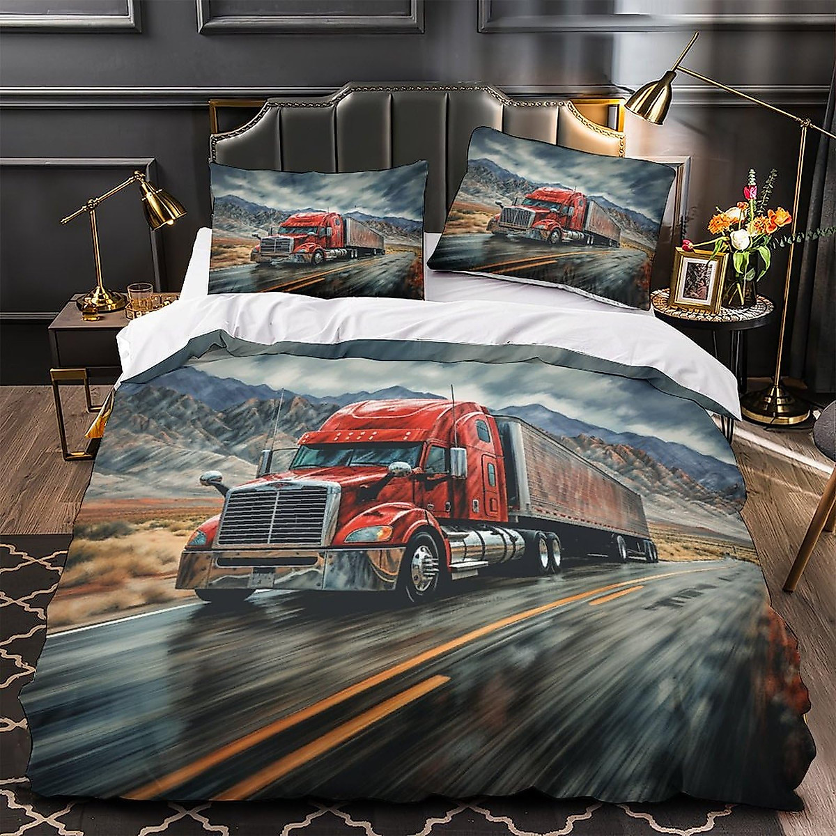AAHARYA Red Semi-Trailer Quilt Cover 3D Printed Big Truck Bedding Set Comforter Covers Duvet Cover 3 Pieces with Pillowcases for Childrens and Adults Microfiber with Zipper Closure Twin（173x218cm）