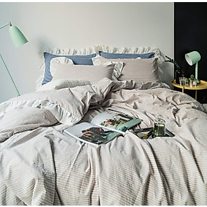 SUSYBAO Beige Ruffle Duvet Cover King 100% Washed Cotton Farmhouse Duvet Cover 3 Pieces Set 1 Striped Lace Duvet Cover with Zipper Ties 2 Pillow Shams Soft Vintage Romantic Ruffle Bedding Set