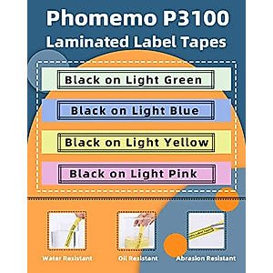 Phomemo P3100 12mm Black on Pink/Yellow/Blue/Green Semi-Transparent Laminated Label Tape- Phomemo Compatible Label Tape Replacement for Brother Ptouch Label Maker Tape 12mm (1/2 Inch) x 8m