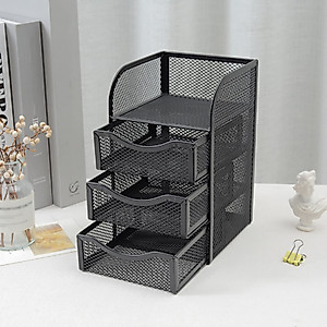Lovskoo Mesh Desk Organizer with 3 Drawers - Office Desk Accessories & Workspace Organizer - Black