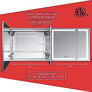 DECADOM LED Mirror Medicine Cabinet Recessed or Surface, Defogger, Dimmer, Clock, Room Temp Display, Makeup Mirror 3X, Outlets & USBs (RUBiNi 36x32)