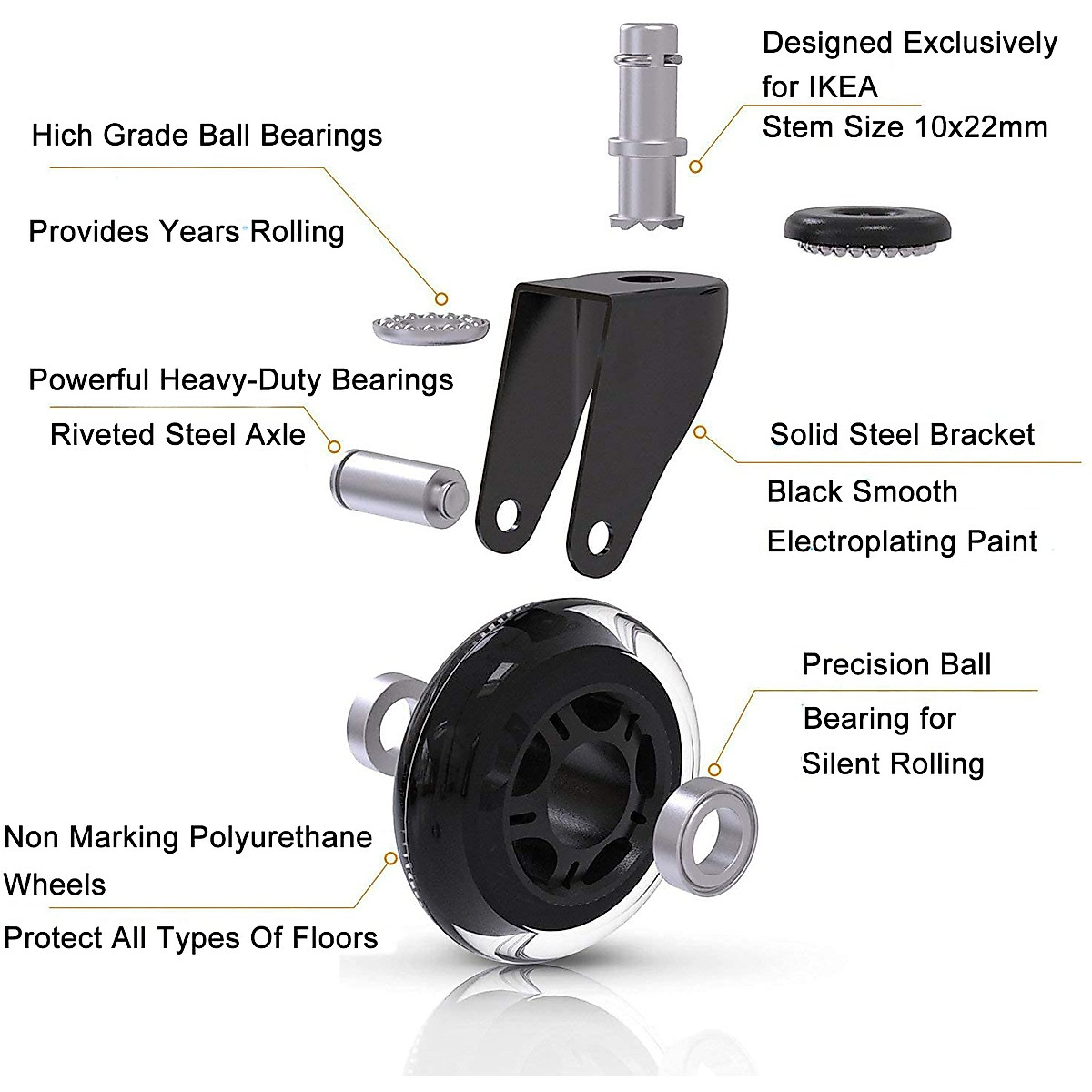 Office Chair Wheels for IKEA Chairs,10mm stem Caster, 3 Inch Heavy Duty Replacement Rubber Chair Casters, Quiet & Smooth Rolling for IKEA Casters, Protection for Hardwood Floors or Carpet