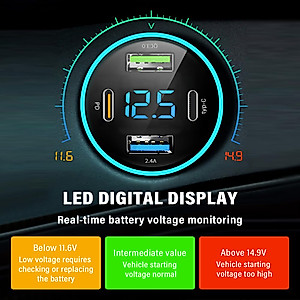 Car Charger,4-in-1 Super Fast Car Charger Adapter with Voltmeter & Blue LED,Universal PD+QC3.0+USB C Ports Car Cigarette Lighter USB Charger Compatible with iPhone Android (QC3.0+Type-C+PD+2.4A)