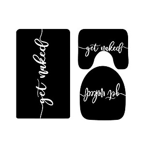 IcosaMro Get Naked Shower Curtain Set with Rugs and Accessories Black and White Bathroom Set 4 Pcs (Bath Mat, U Shape Rug, Toilet Lid Cover Mat and 12 Hooks) Boho Bathroom Decorations