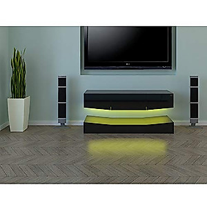 Goujxcy LED TV Stand Cabinet, Wall Mounted Upper and Lower Layer Modern Entertainment Center Unit, High Gloss 3 Storage Drawers, RGB LED Lights, 47.3'', Black