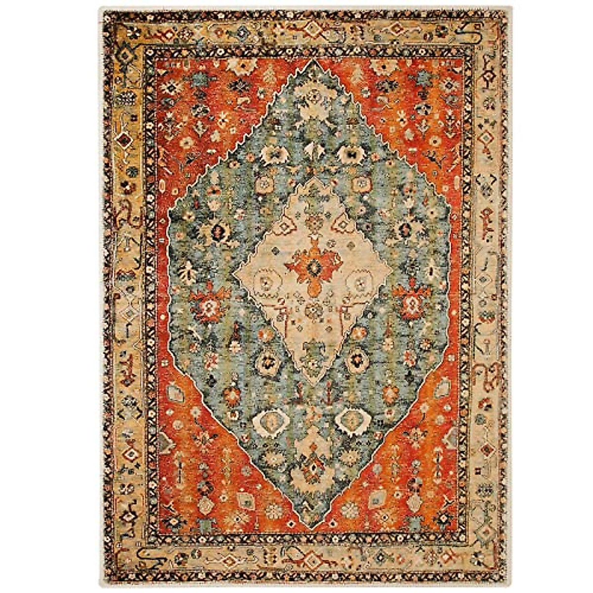 Boho Area Rug, 4' x 6' Machine Washable Rugs for Entryway Faux Wool Large Rugs Distressed Throw Rug Non-Slip Floor Carpet for Indoor Bedroom Kitchen Living Room