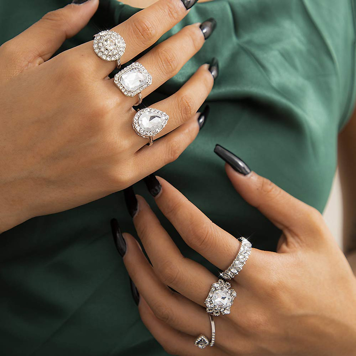 Missgrace Silver Full Rhinestones Stackable Dainty Boho Rhinestones Rings Set Festival Bohemian Rings Set Beach and Vacation Jewelry Knuckle Rings Tribal Accessory for Women and Girls 6Pcs