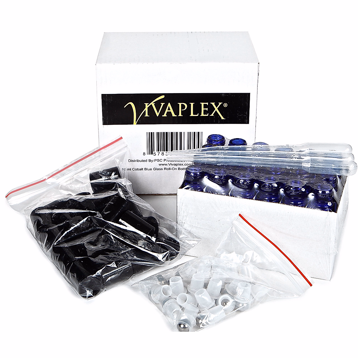 Vivaplex, 24, Cobalt Blue, 10 ml Glass Roll-on Bottles with Stainless Steel Roller Balls. 3-3 ml Droppers included