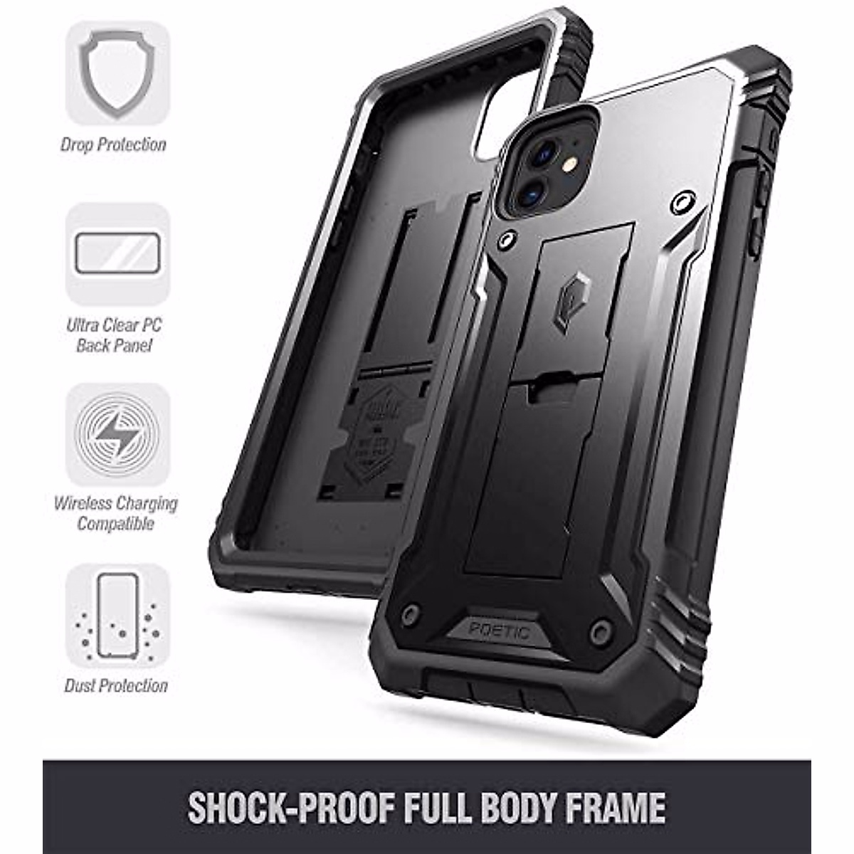Poetic iPhone 11 Rugged Case with Kickstand, Full-Body Dual-Layer Shockproof Protective Cover, Built-in-Screen Protector, Revolution Series, for Apple iPhone 11 (2019) 6.1 Inch, Black