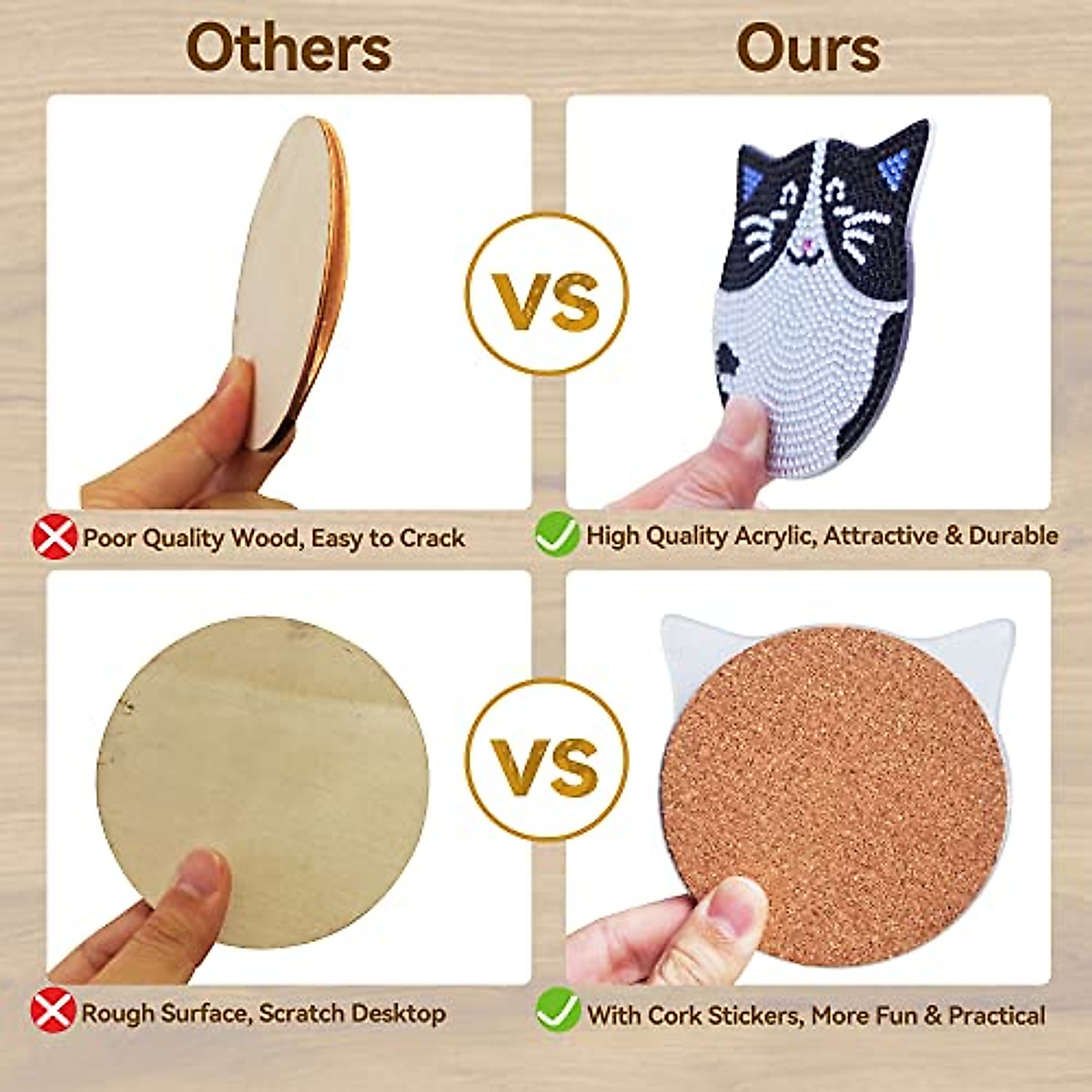 Vcekract Diamond Painting Coasters Kits, 6 Pieces Cat Diamond Painting Coasters with Holder, DIY Diamond Art Coasters with Stickable Cork Bases, Diamond Art Kits for Adults & Kids