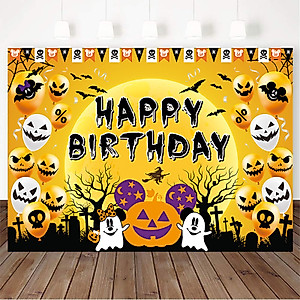 Halloween Backdrop Halloween Birthday Party Decorations Halloween Pumpkin Head for Children Birthday Happy Banner Halloween Baby Shower Props Banner Photo Decorations 5x3ft