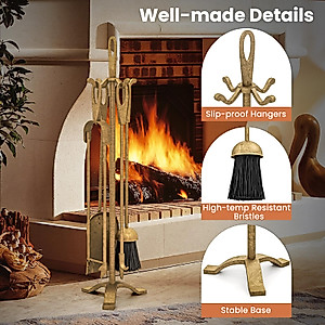 Tangkula 5 Pieces Fireplace Tool Set, Fireplace Accessories with Poker, Tongs, Brush, Shovel and Stand, Indoor Firepit Tool Set with Handles (Antique Copper)