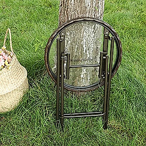 PHI VILLA Outdoor Side Tables-Foldable Patio Rattan Table with Tempered Glass Table Top and High-Strength Thickened Iron Pipe Bracket for Patio Outdoor Sofa and Chair in Garden,1 Pack