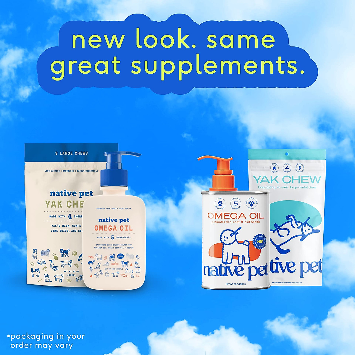 Native Pet Omega Oil for Dogs - Dog Fish Oil Supplements & Yak Chews for Dogs | Pasture-Raised and Organic Yak Cheese Himalayan Churpi Chews | 8 Oz. & 3 Large Yak Chews