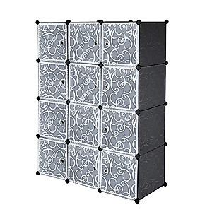 VINGLI Cube Storage, 12 Cubes Shelves Units, Closet Cabinet Bookshelf, DIY Plastic Modular Storage Cube Organizer w/Pattern White Doors and Hammer - Black