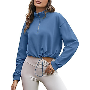 Flygo Women's Half Zip Crop Sweatshirt High Neck Long Sleeve Cycling Pullover Athletic Crop Tops(Blue-S)